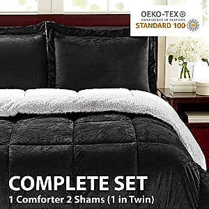 Cathay Home King Comforter Set: Ultra Soft and Plush Reversible Micromink and Sherpa 3-Piece Bedding Set, Black, King (102" x 90")