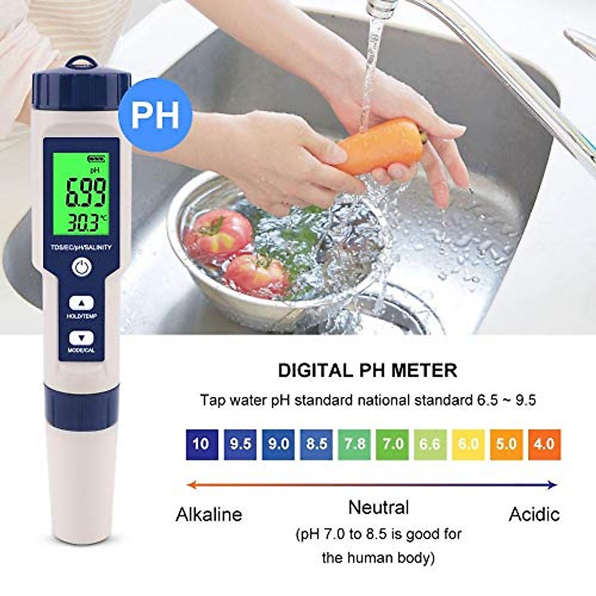 Water Quality Tester, EZ-9909 5 in 1 Function Water Quality Testing Meter PH Salinity TDS EC Tester with Backlight for Aquaculture, Drinking Water, Swimming Pool