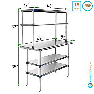 AmGood 18" X 48" Stainless Steel Table with 2 Shelves + Overshelf | Commercial & Residential Kitchen Laundry Garage Utility Bench | NSF Metal Prep Table