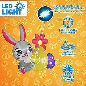 BLOWOUT FUN 5ft Inflatable Easter Bunny with Flower and Egg Decoration, LED Lighted for Indoor Outdoor Blow Up Lawn Yard Decor