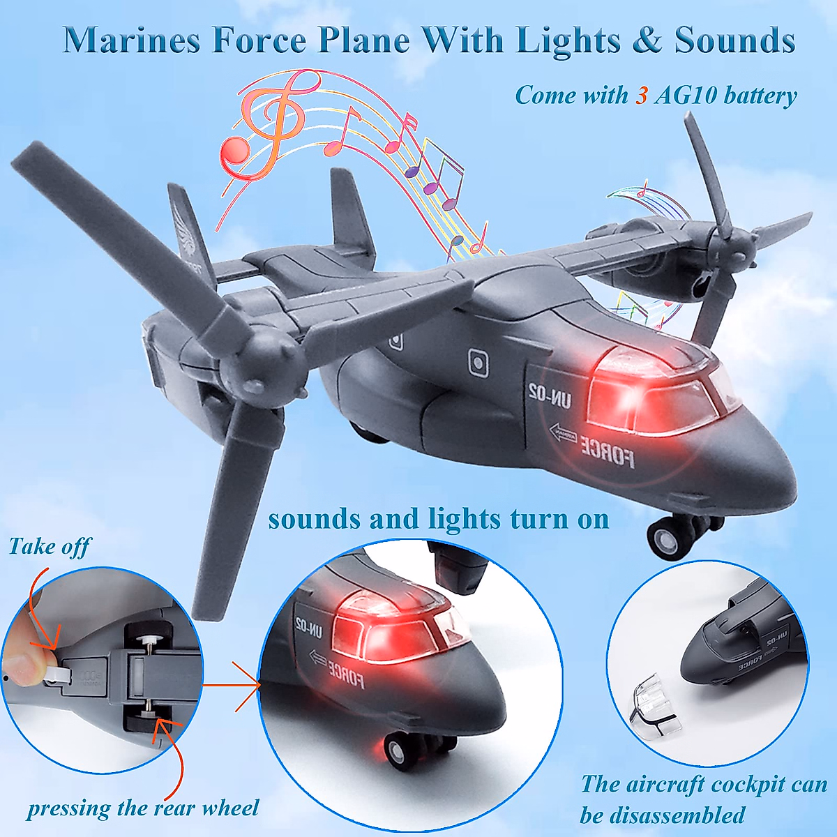 OTONOPI Military Helicopter Toy Marines Force Plane Model Alloy Plane Transport Army Aircraft Fighter Jet Die-Cast Metal Pull Back Airplanes with Lights and Sounds for Kids or Collection