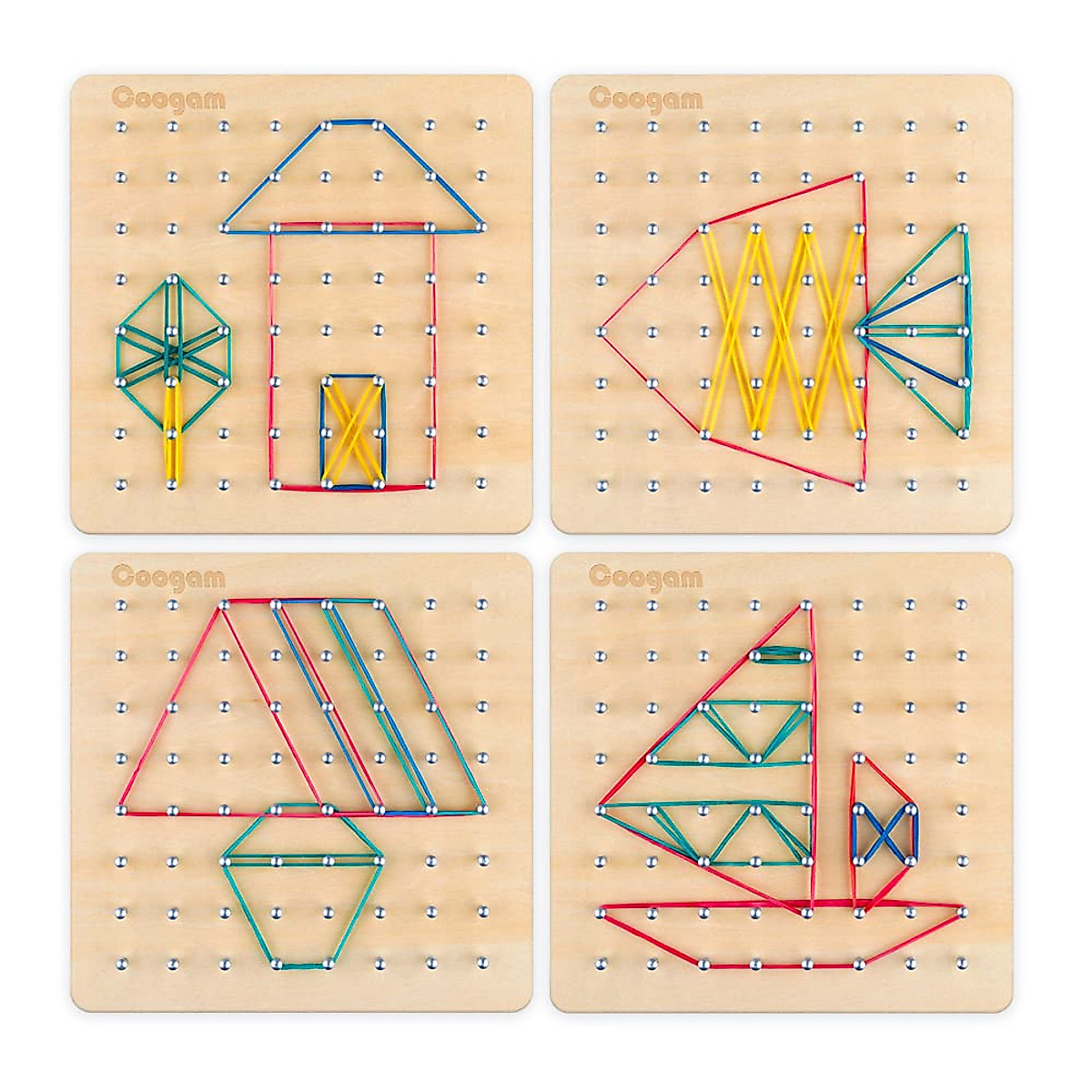 Coogam Wooden Geoboard Mathematical Manipulative Material Array Block Geo Board – Graphical Educational Toys with 30Pcs Pattern Cards and Latex Bands Shape STEM Puzzle Matrix 8x8 Brain Teaser for Kid