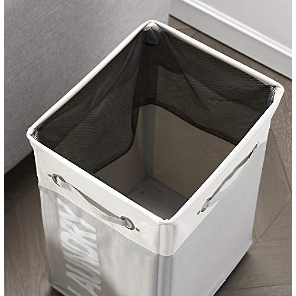 23" Wheeled Laundry Hamper Large Collapsible with Breathable Cover Heavy Duty Laundry Sorter Dirty Clothes Organizer Bin Waterproof Foldable Laundry Basket Rolling Extra Large Bag (White + Light Gray)