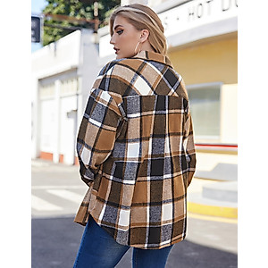 IN'VOLAND Women's Flannel Plaid Shacket Casual Button Down Long Sleeve Flannel Shirts Plus Size Fall Tartan Jacket Brown 24W