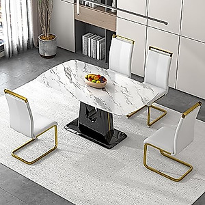 cinkehome Modern Faux Marble Dining Table, 63" Rectangle Kitchen Dinner Table for 4-6, Large Kitchen Dining Room Table with Geometric Frame, Banquet, Meeting