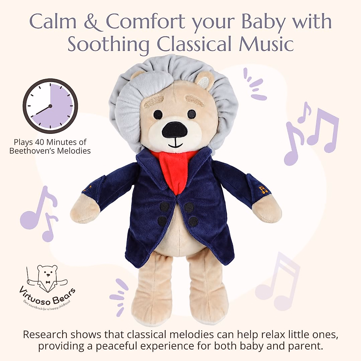 Vosego Ludwig Van Beethoven Virtuoso Bear – Plays 40 Mins of Classical Music, Educational & Soothing Musical Teddy Bear for Babies & Toddlers, Ideal