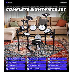 Vangoa Electric Drum Set 8-Pieces with Quiet Mesh Drumheads, Cymbals, Heavy Duty Pedals, 480 Sounds, USB MIDI, Throne, Headphone, Complete Electronic Drum Set for Beginners Adults, Black