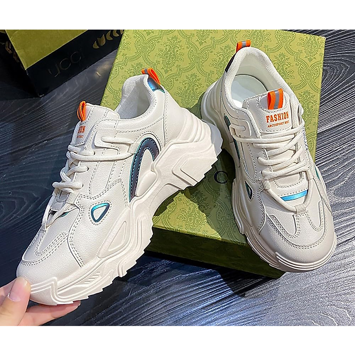 VV87 Women's PU Breathable Casual Walking Running Shoes Platform Fashion Sneakers Beige 6 US