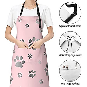 Perinsto Cute Dog Paws Pink Waterproof Apron With 2 Pockets Kitchen Chef Aprons Bibs For Cooking Baking Painting Gardening Grooming