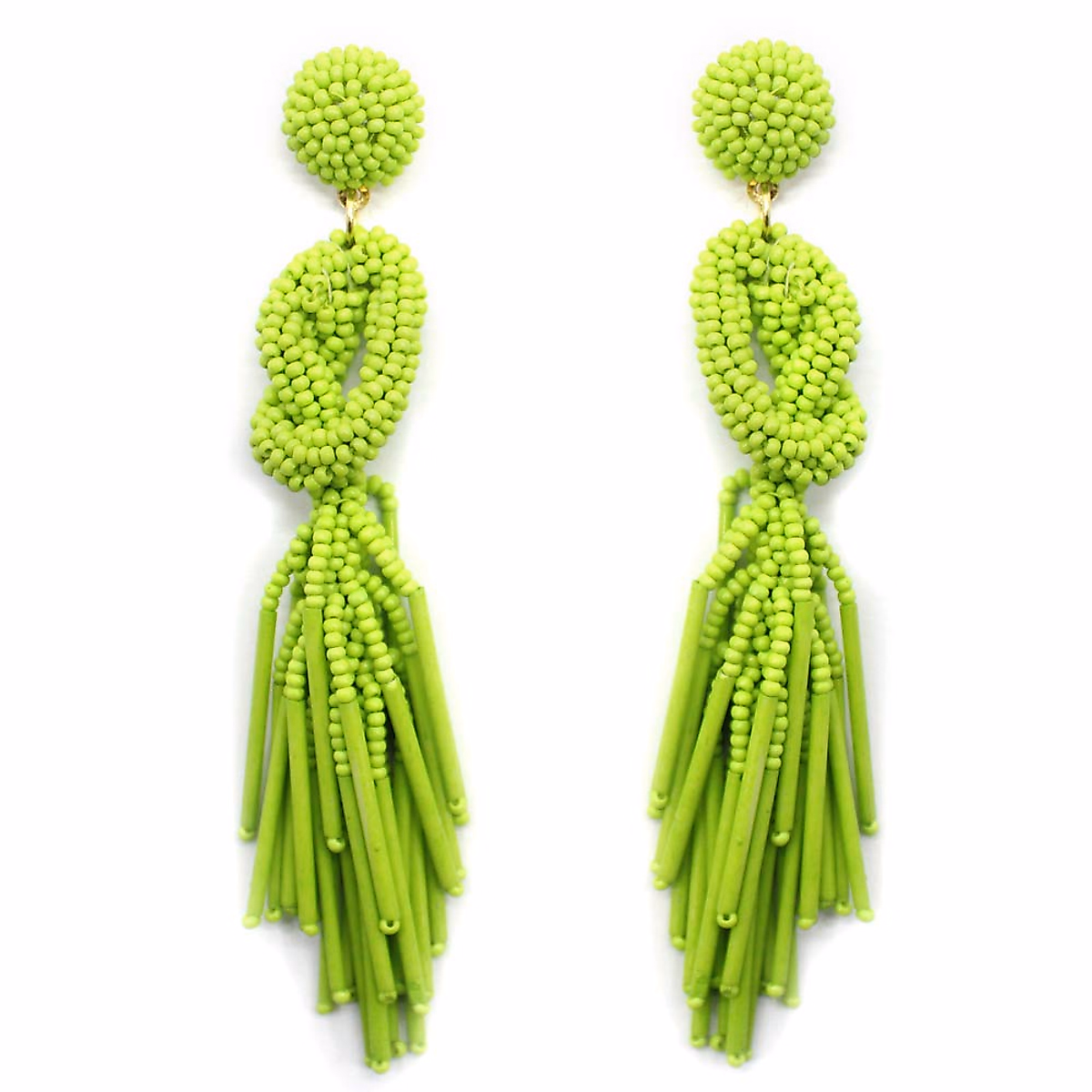 Handmade Beaded Solid Color Post Statement Earrings for Women All Season 4 inch Long (Light Green)