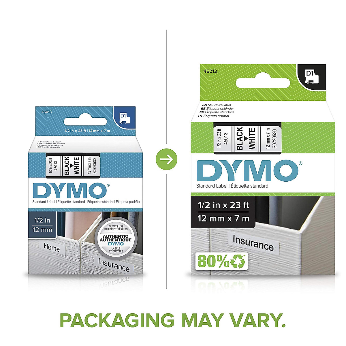 DYMO Standard D1 Labeling Tape for LabelManager Label Makers, Black Print on White Tape, 1/2'' W x 23' L, 1 Cartridge (45013)