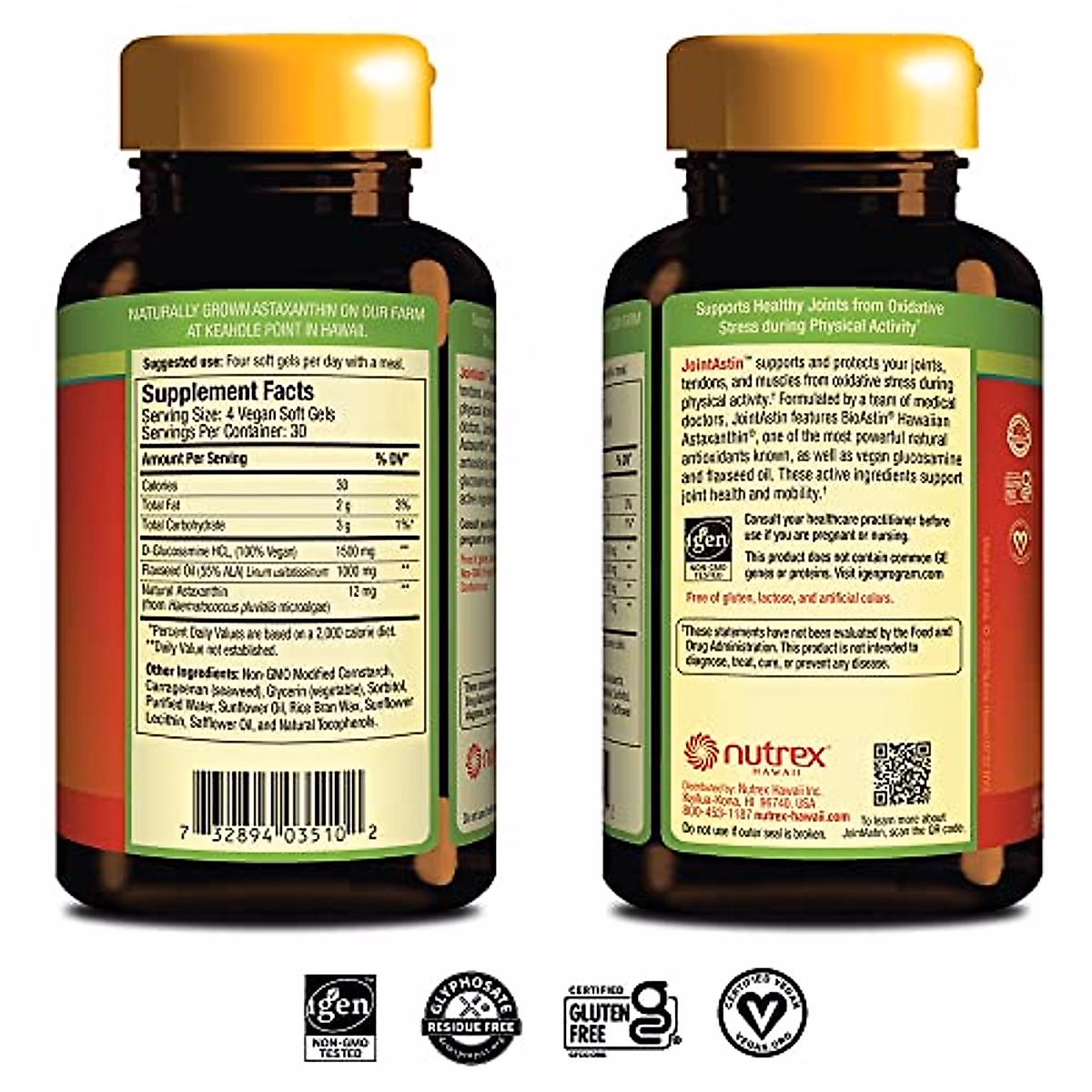Nutrex Hawaii JointAstin - 12 mg, 120 Softgels - Joint Support Supplement with Glucosamine & BioAstin Hawaiian Astaxanthin - Farm-Direct Antioxidant Supplement Joint, Eye, Skin & Immune System Health*