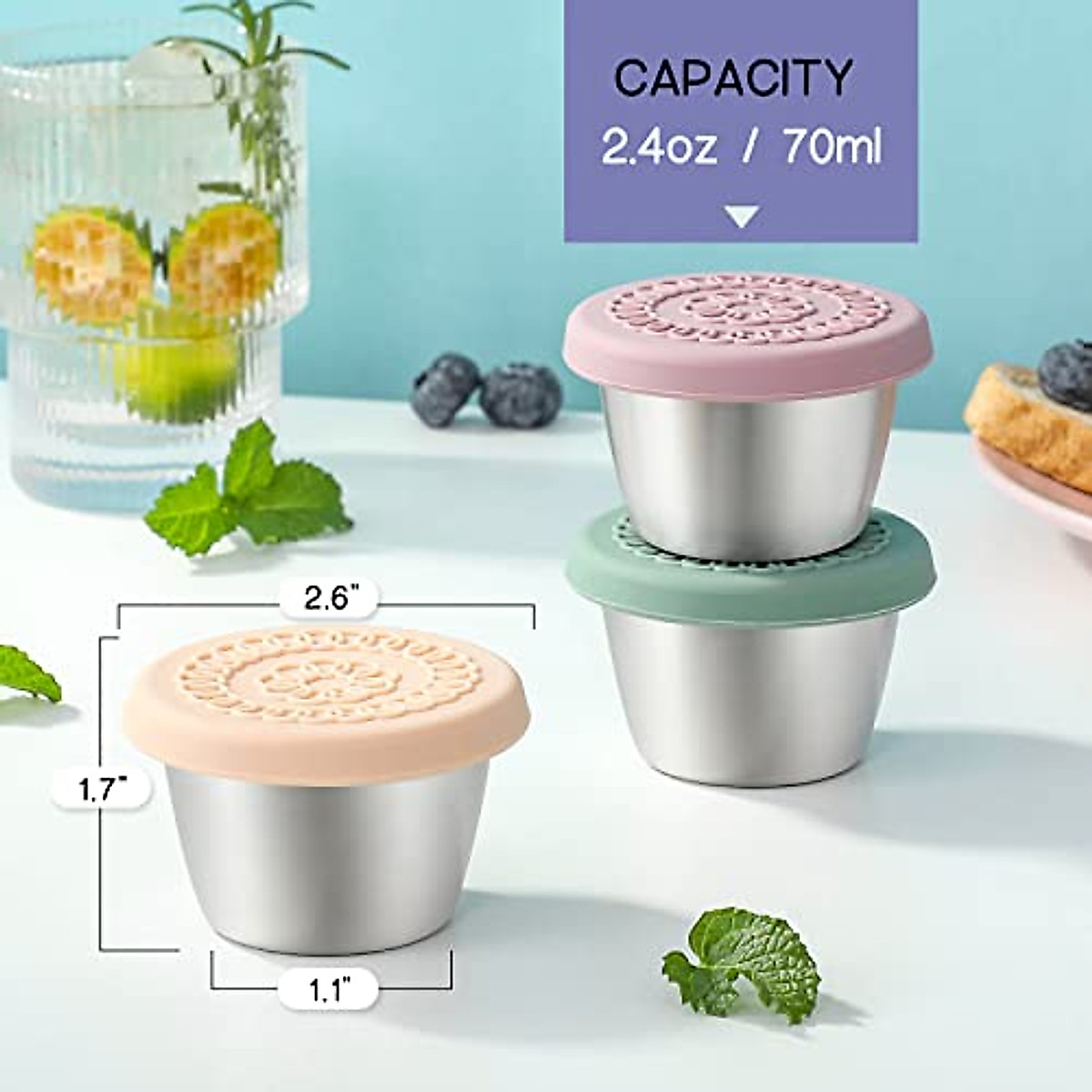 [8 Pack] Salad Dressing Container To Go, 2.4oz Small Condiment Containers with Lids, Reusable Stainless Steel Sauce Cups Containers, Leakproof Silicone Lids for Lunch Bento Box, Picnic and Travel