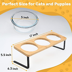 Lawfery Elevated Cat Bowls, 15° Tilted Cat Food Bowl, Includes 3 Glass Cat Bowls, Bamboo Board, and Metal Stand for Cats and Puppies