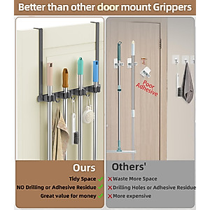 Broom Holder Over The Door 2PCS-304 Stainless Steel Mop and Broom Holder Wall Mounted or Hanging Over The Door with Hooks - Broom Hanger, Tool Organizer for Garage Closet Laundry -Space grey