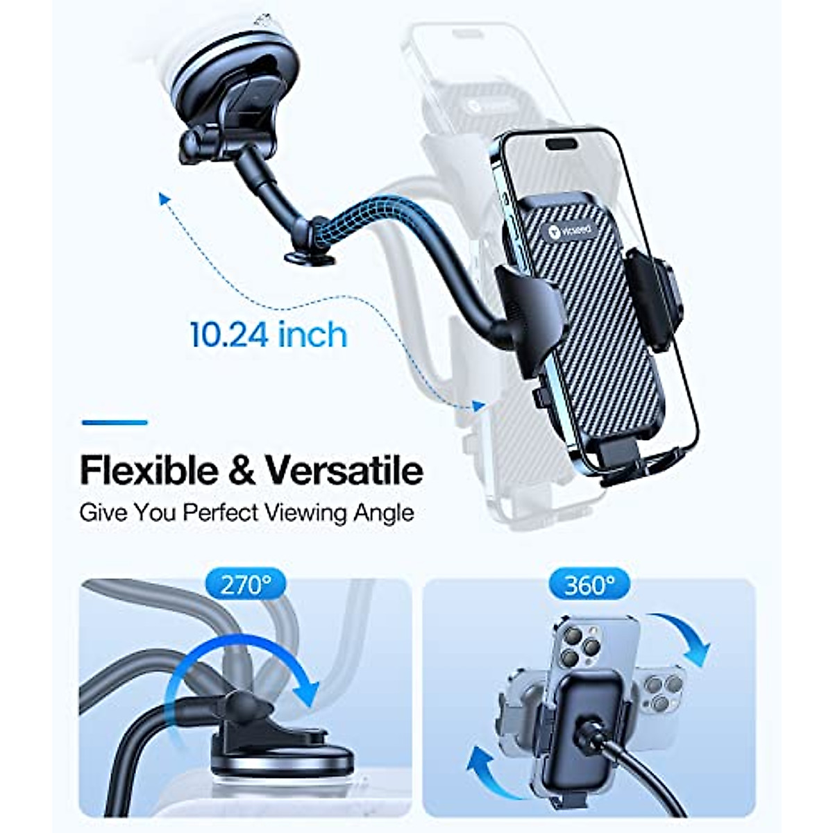 VICSEED Universal Phone Mount for Car [Strong Suction] [Flexible Durable Long Arm] Gooseneck Car Phone Holder Mount Windshield Dashboard 360 Rotation Cell Phone Holder Car for All Mobiles & Cases