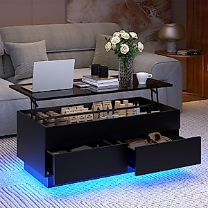HOMMPA 40'' Lift Top Coffee Table for Living Room, Black Coffee Tables with Storage, LED Modern Coffee Table Rectangular Black Gloss, Flip Top Center Table with 2 Drawers and Hidden Compartment