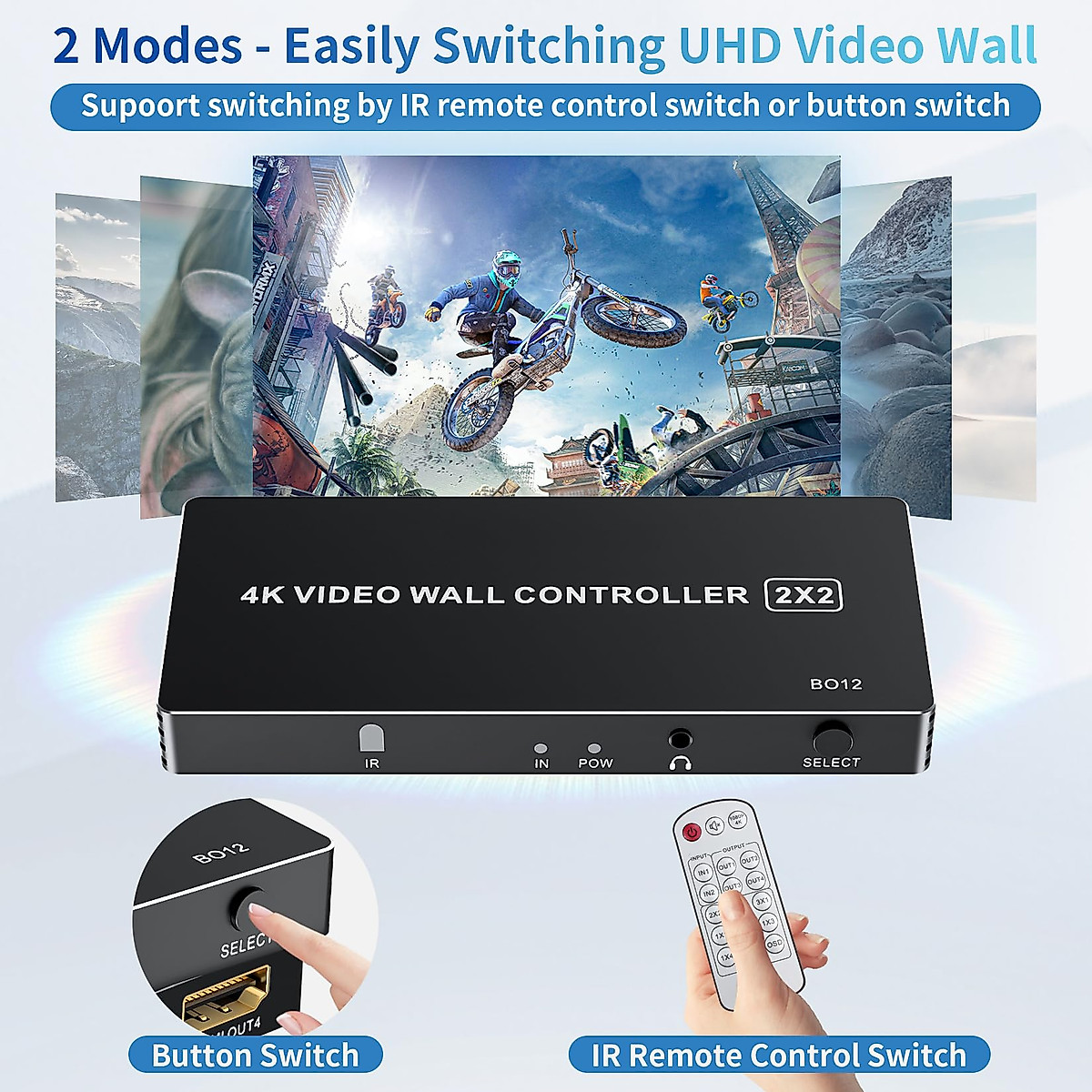 4K HDMI Video Wall Controller 2x2, LUKFOCAB Video Wall Processor with 8 Splicing Modes, 180° Rotate, 3.5mm Audio Extractor, IR Remote, 4 TV Screen into 1 Wall Display 2x2, 1x2, 1x3, 1x4, 2x1, 3x1, 4x1