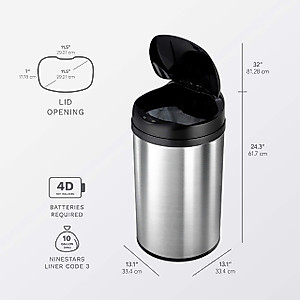 NINESTARS DZT-40-8 Automatic Touchless Infrared Motion Sensor Trash Can, 11 Gal 40L, Stainless Steel Base (Round, Black Lid)