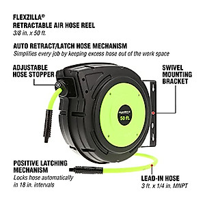 Flexzilla Retractable Enclosed Plastic Air Hose Reel, 3/8 in. x 50 ft., Heavy Duty, Lightweight, Hybrid, ZillaGreen - L8250FZ