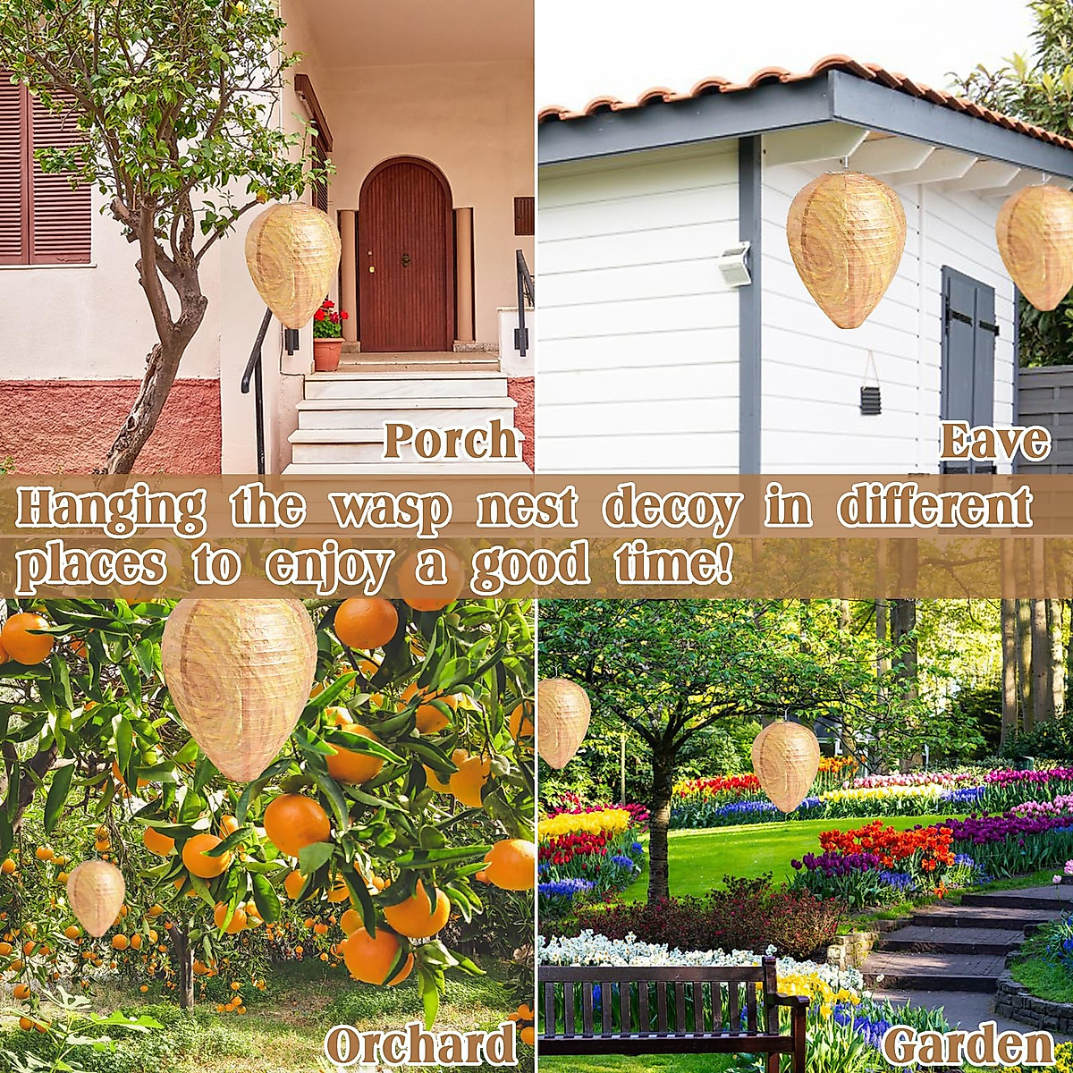 ZeeDix 4 Pack Hanging Paper Fake Wasp Nest Decoy for Outdoor, Home and Garden(8.66"×11",Warm Color)