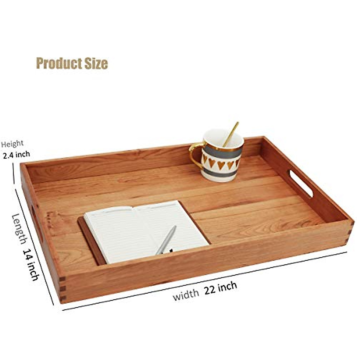 MAGIGO 22 x 14 Inches Large Rectangle Cherry Wood Ottoman Tray with Handles, Serve Tea, Coffee or Breakfast in Bed, Classic Wooden Decorative Serving Tray