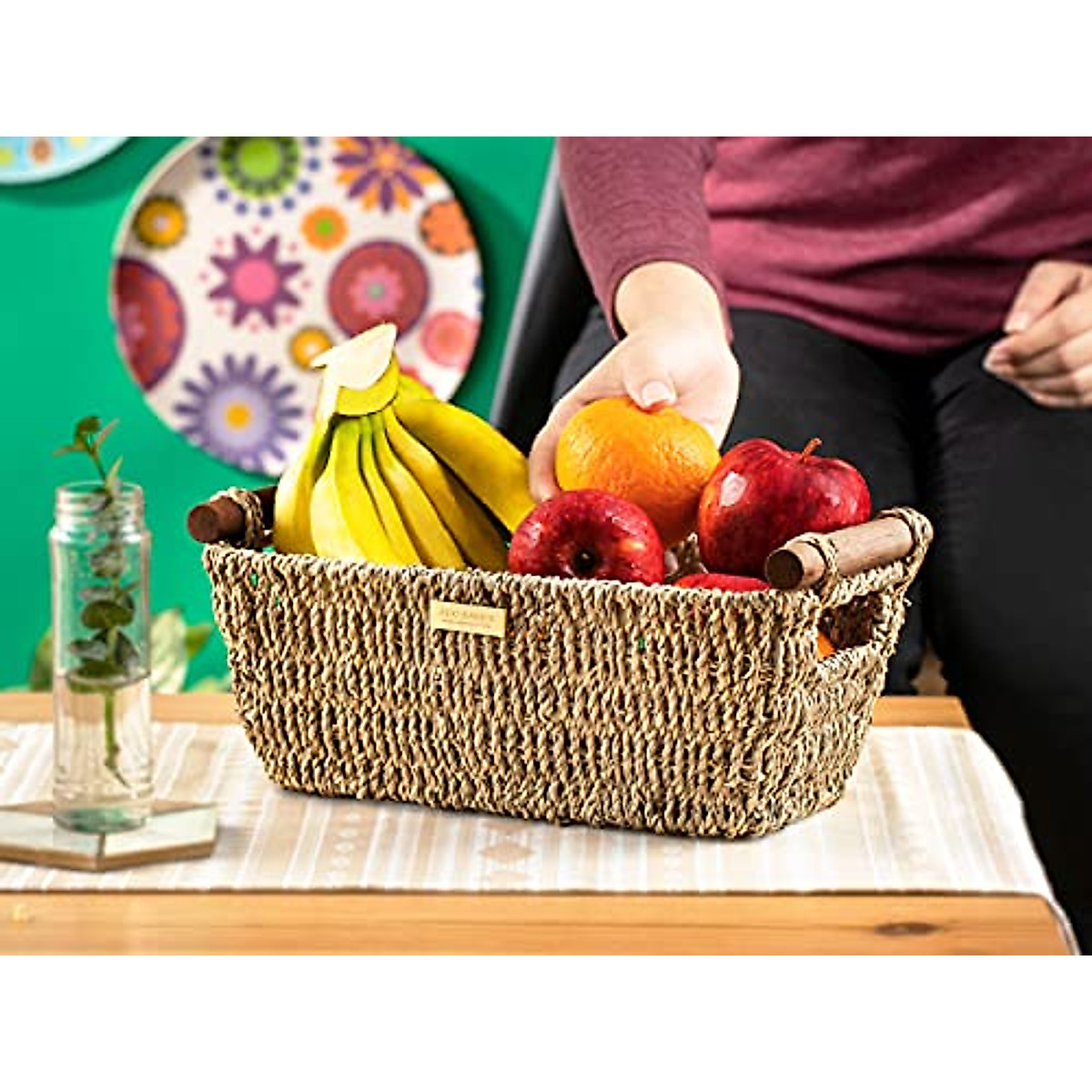 ADO Basics Seagrass Hand Woven Basket with Stain Resistant Polished Wooden Handles, Toilet paper Storage Wicker Baskets 12 inches Length, 6.29 inches Width, 4.25 inches Height, Natural