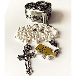 elegantmedical Handmade AAA 6MM Real Pearl Beads Catholic Our Lady Grace Rosary Cross Necklace Box Case Gifts (White)
