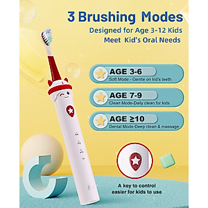 JTF Kids Electric Toothbrush-for Ages 3-12, Rechargeable Electric Toothbrushes, Wireless Fast Charge & Long Battery Lasting for 60 Days,with Smart Timer 3 Modes & 2 Kids Size Brush Heads, Red…