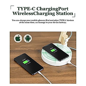 ELYONA White Desk Lamp with Wireless Charger, Solid Wood Table Lamp with USB C Charging Port, Swing Arm Reading Task Light with 5W LED Bulb for College Dorm, Office, Living Room, Bedroom, Farmhouse