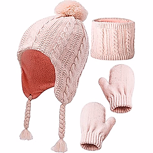 KMOLY Kids Winter Hat Scarf Gloves Set for Girls Boys 3-8 Years,Toddler Earflap Beanie Neck Warmer Mittens Fleece Lined Set
