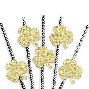 Gold Glitter Shamrocks Party Straws - No-Mess Real Gold Glitter Cut-Outs & Decorative St. Patrick's Day Party Paper Straws - Set of 24