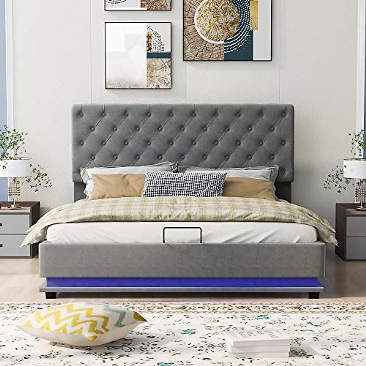 OPTOUGH Queen Size Storage Upholstered Platform Bed Frame with Adjustable Tufted Headboard and LED Light, Gray