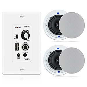 Herdio 6.5 Inch Bluetooth Ceiling Speakers 320W 2-Way Flush Mount in Wall Amplifier Receiver Perfect for Home Theater Bathroom Living Room Kitchen Office (White, Pair)