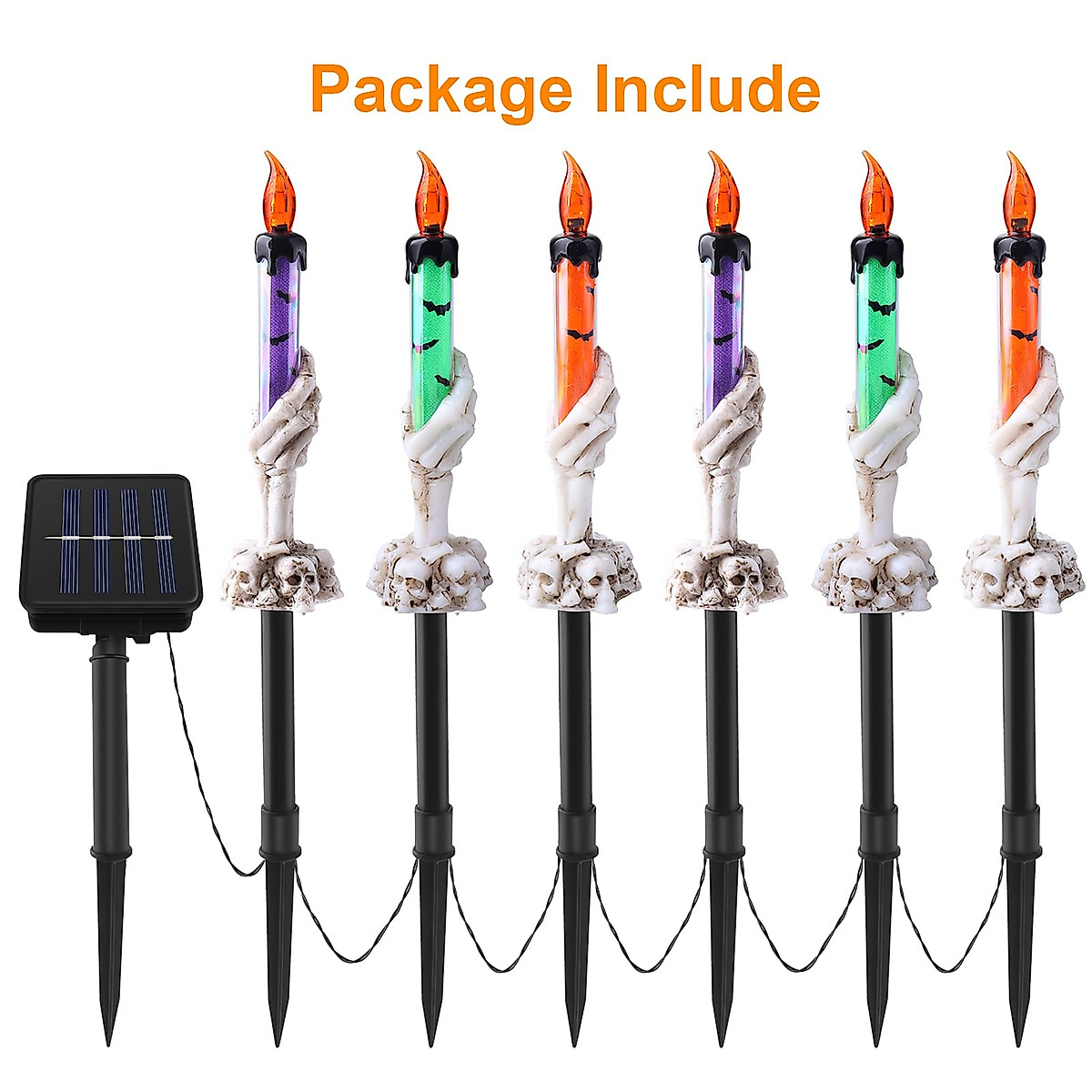 Halloween Solar Candle Light Stakes, 6 Pcs Skeleton Hands Hold Lighted Candle Paito Decor Pathway Makers, Waterproof Light Up Figurine for Outdoor Indoor Halloween Party Decorations