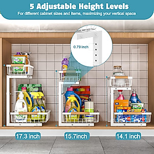 Liuoud Under Sink Organizer 2 pack, 2 Tier Slide Out Under Sink Organizers And Storage, Height Adjustable Pull Out Cabinet Organizer Drawers, Kitchen Bathroom Metal Sink Storage Shelves, White