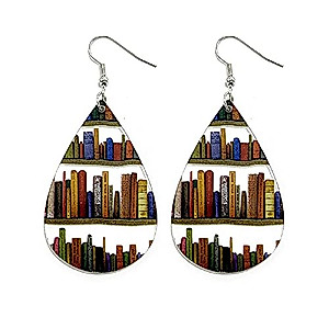 Book Earrings for Women Classic Resin Stack of Books Shelves Teardrop Drop Earrings Cute Cat Dog Butterfly Moon Rabbit Bookcase Wooden Dangle Earrings for Teacher Book Lovers -Style 1
