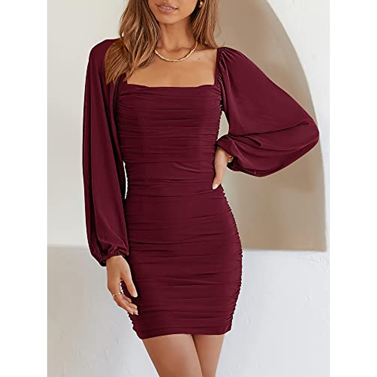 ANRABESS Women's Square Neck Mesh Long Sleeve Ruched Bodycon Mini Dress Party Club Cocktail Short Dresses s 642jiuhong-L Wine Red