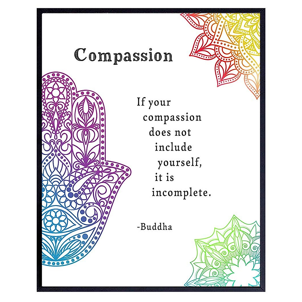 Compassion Buddha Quote - Inspirational Zen Wall Art Decor - 8x10 Buddhism Poster Print for Spa Decoration, Yoga, Meditation Room - Namaste Buddhist Gift - Hamsa Hand of Fatima, Mandala, Lotus, Om