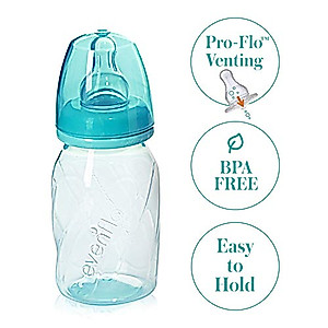 Evenflo Feeding Premium Proflo Vented Plus Polypropylene Baby, Newborn and Infant Bottles - Helps Reduce Colic - Teal/Green/Blue, 4 Ounce (Pack of 6)