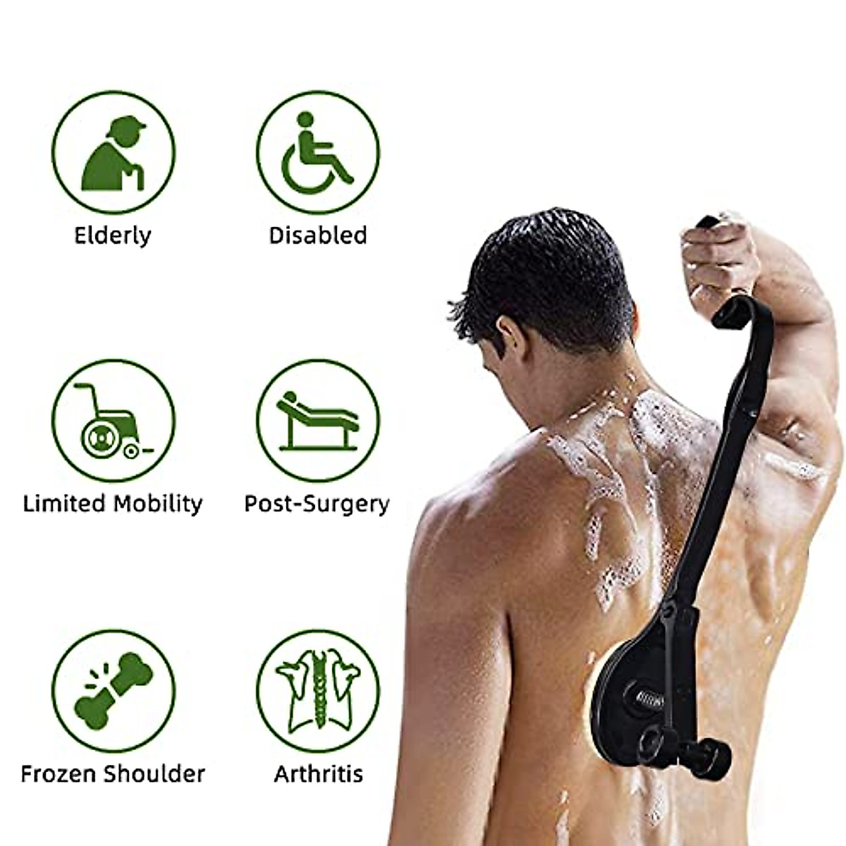 Back Scrubber for Shower - 23” Bath Brush Long Handle for Shower, for Elderly, Detachable Curved Back Scrubber, Back Brush for Disabled with Limited Arm Movement, Frozen Shoulder, Men and Women