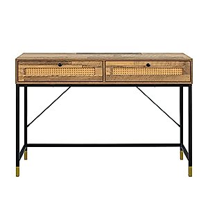 GIA Home Furniture Series Mid Century Console Table Rattan Crafted Drawers,Wood Computer Desk Installed,Salmon Oak Finishing, Black Metal Leg