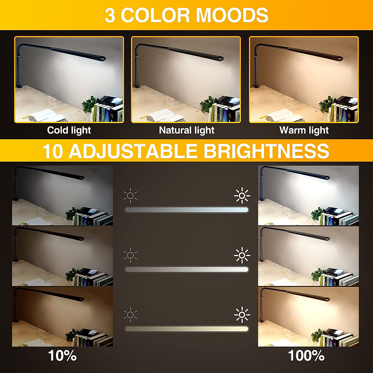Desk Lamp Clamp, 12W Bright LED Desk Light for Home Office, Eye-Caring Table Light for Dorm Room, 3 Color 10 Brightness, Long Flexible 360° Goosenecks, Metal Swing Arm, 10W USB Adapter, Black.