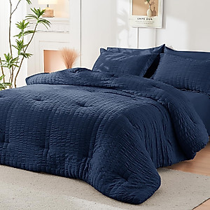 HYMOKEGE Navy Blue Full Size Comforter Sets Seersucker 7 Pieces, All Season Luxury Bed in a Bag for Bedroom, Bedding Set with Comforters, Sheets, Pillowcases & Shams