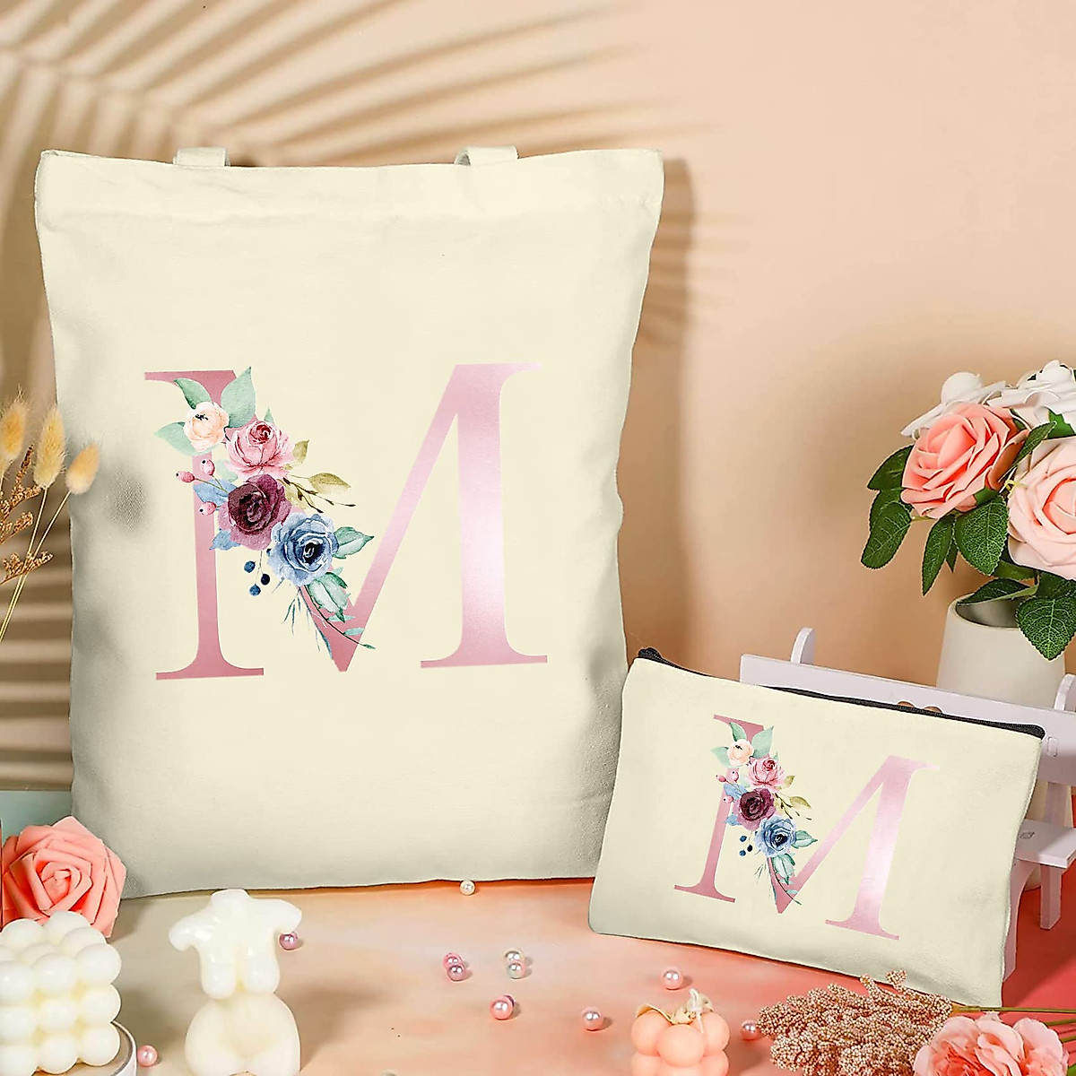 Binggemen Initial Canvas Tote Bag with Zipper Pockets,Personalized Totes for Women Bridesmaids Teacher,Cosmetic Makeup Bag,Monogrammed Gifts for Wedding Birthday (Letter M)