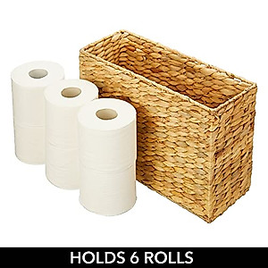 mDesign Rustic Farmhouse Rice Weave Hyacinth Toilet Paper Holder Basket - Small Storage Organizer Tank Topper for Bathroom Counter or Top of Toilet - Holds 6 Rolls of Toilet Paper - Natural/Tan