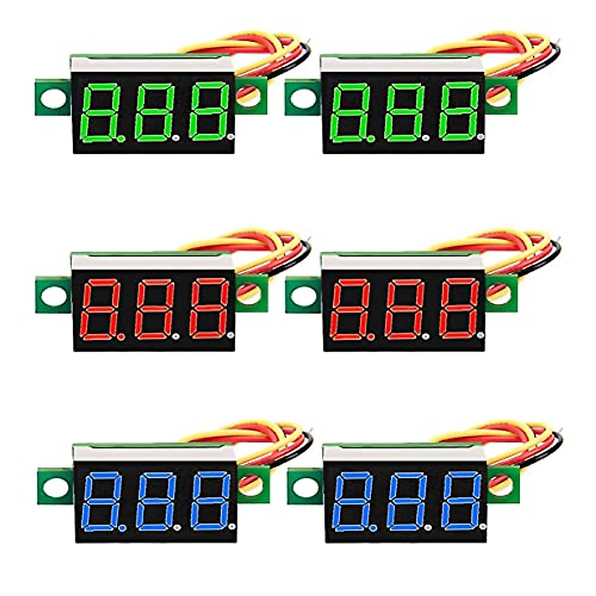DaFuRui dc Voltage Display，6pcs Mini Digital Voltmeter 0.36 Inch Three-Wire DC 0-100V Voltage Tester Reverse Polarity Protection and Accurate Pressure Measurement（Red/Green/Blue）