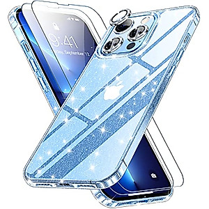 SPIDERCASE [3 in 1 Designed for iPhone 13 Pro Max Case, [Crystal Clear Not Yellowing][with 2 Pcs Tempered Glass Screen Protectors & 1 Set Camera Lens Protectors] Slim Thin Case (Glitter Clear)