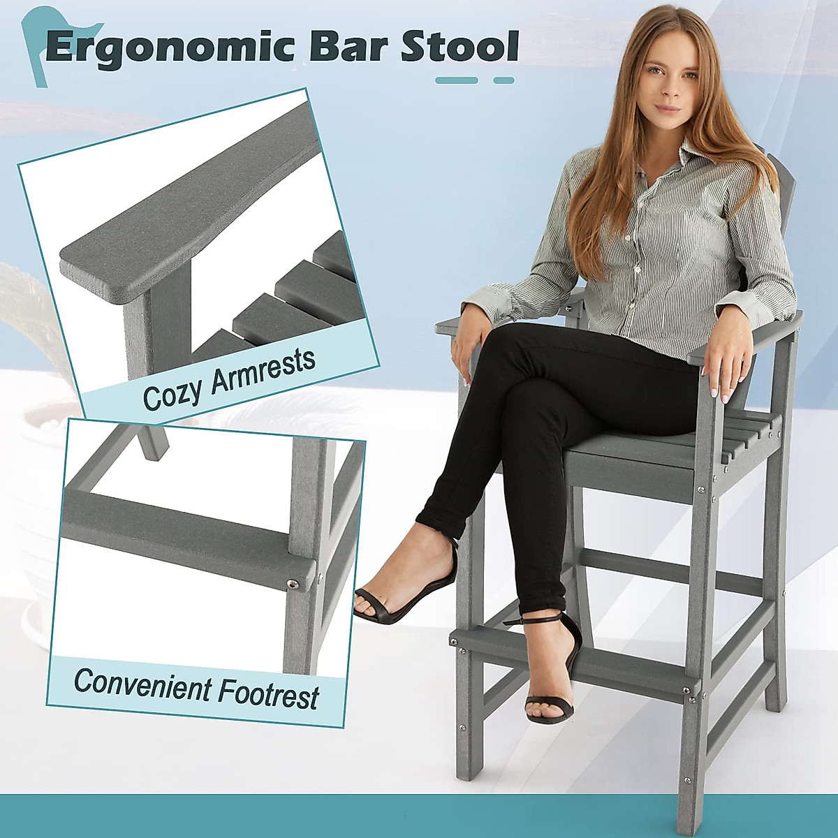 ORALNER Tall Adirondack Chairs, Outdoor High Back Balcony Chair, Weather Resistant HDPE Resin Plastic Bar Height Stools, 360 LBS Lifeguard Chair for Pool Patio Deck Backyard (1, Grey)