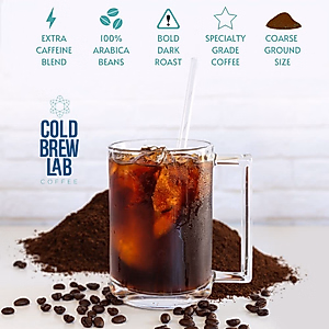 Cold Brew Coarse Ground Coffee, High Caffeine Blend, Dark Roast, 1 LB, Extra Strong, Cold Brewing & French Press